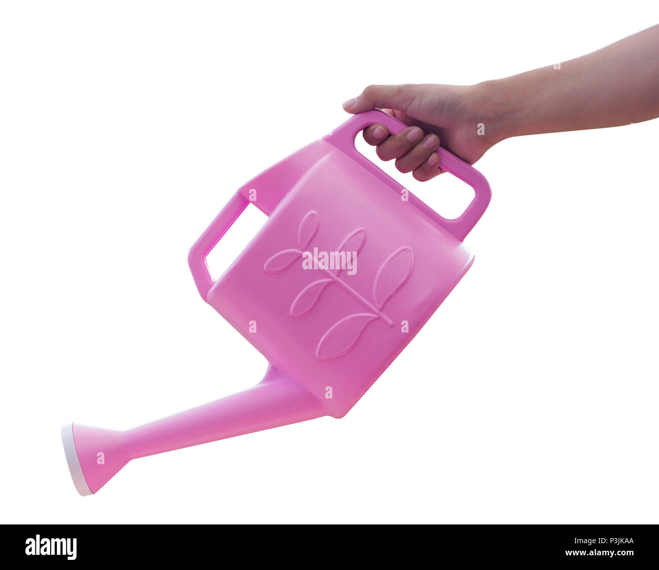 Hand holding pink watering can isolated on white background with ...