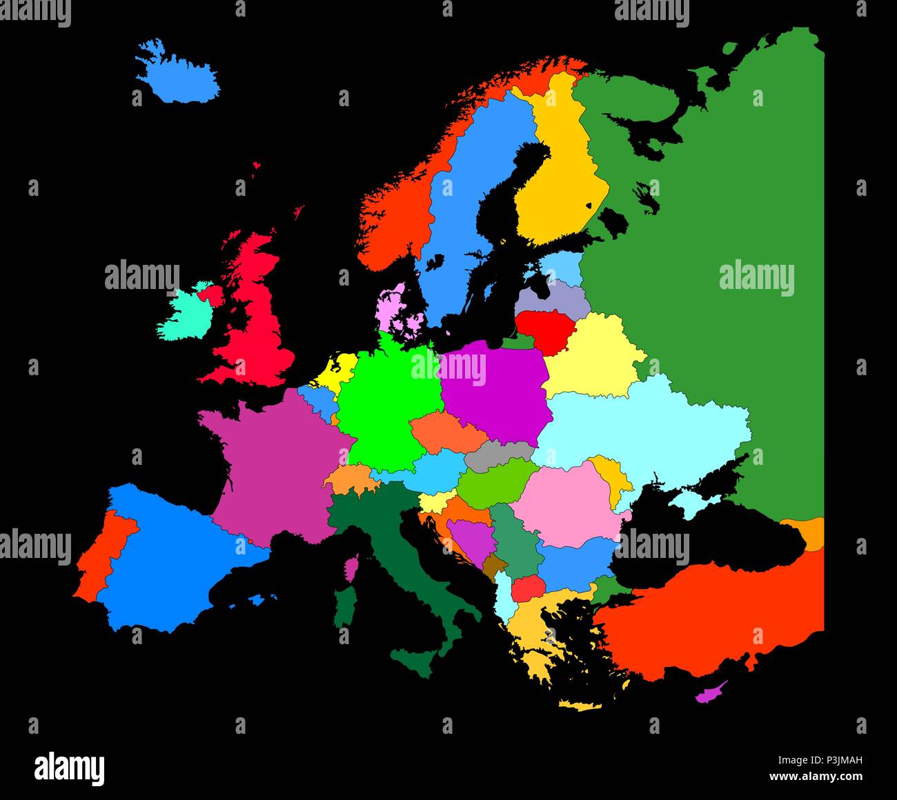 Map of Europe with country borders isolate on black background Stock ...