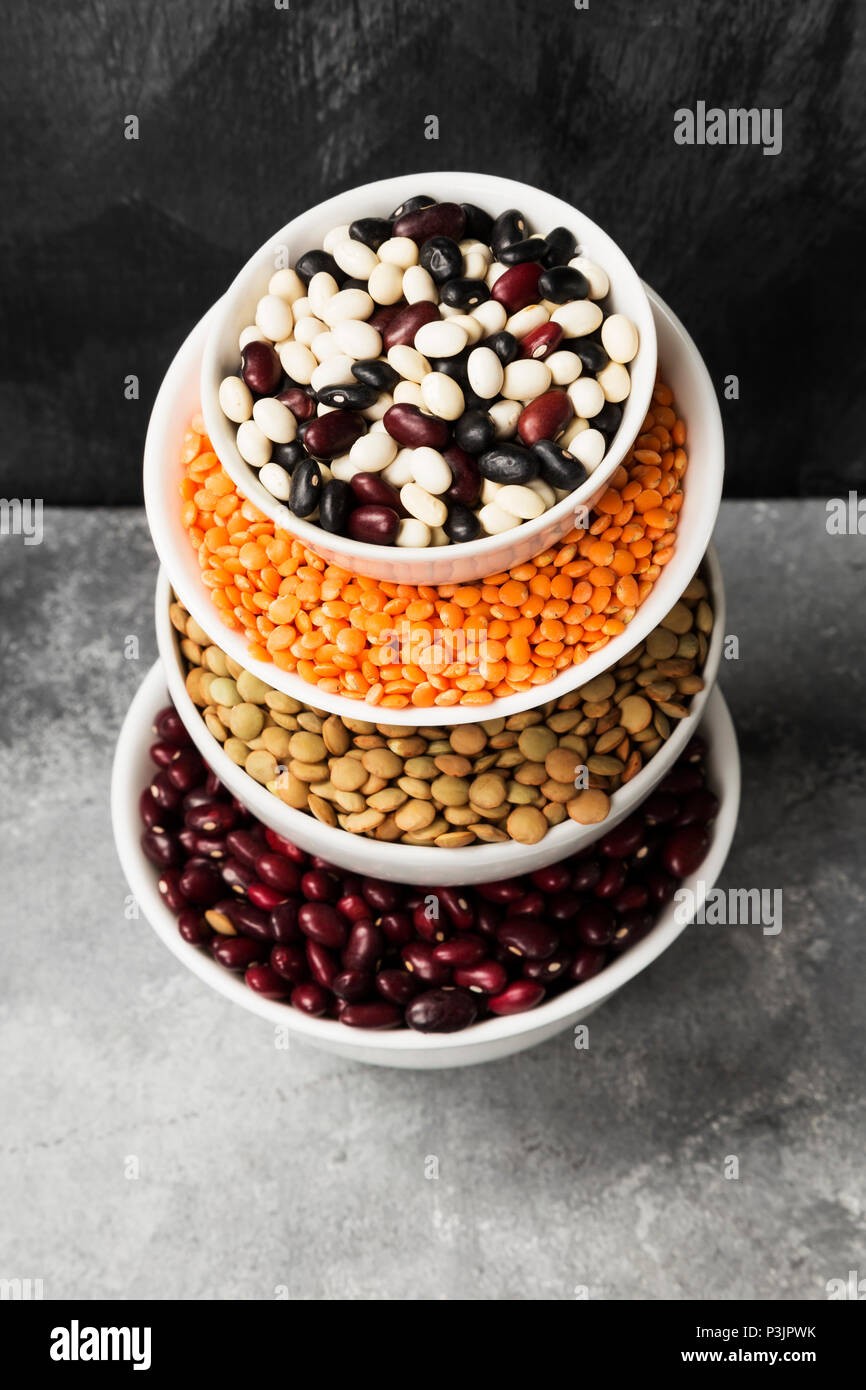 Assortment of beans (red lentil, green lentil, chickpea, peas, red ...
