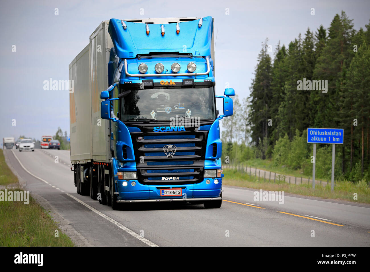 Blue Super Scania R500 road train of P and M Ojalehto Oy for OAK Oy ...