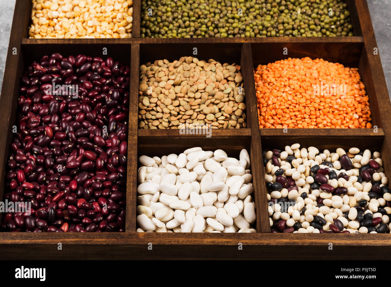 Assortment of beans (red lentil, green lentil, chickpea, peas, red ...