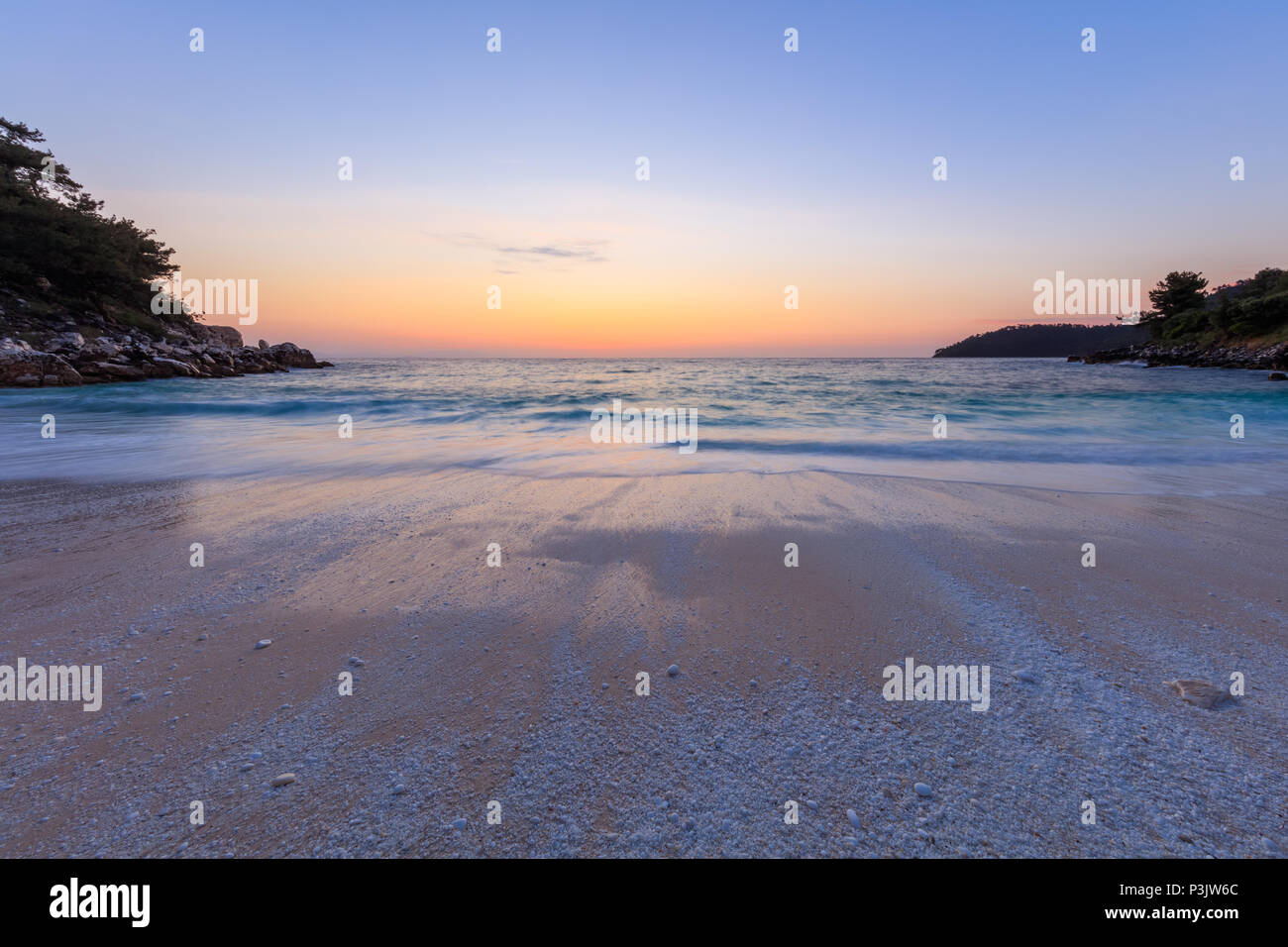 Sunrise in Marble beach (Saliara beach), Thassos Islands, Greece. The ...