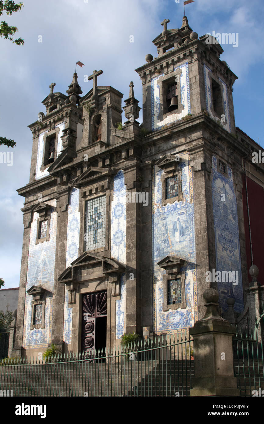 The blue tiled exterior of Church of Saint Ildefonso Porto Portugal ...