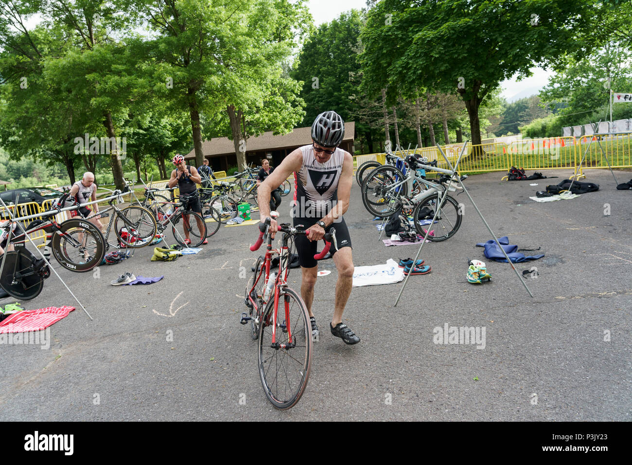 Swim bike transition at the HVTC Summer Tri Series Race #1 Stock Photo ...