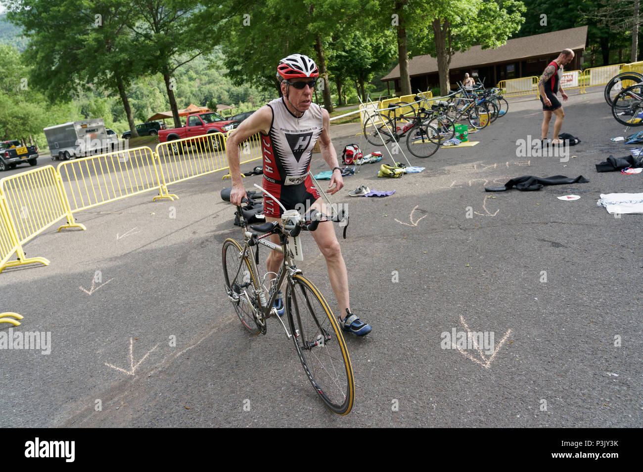 Swim bike transition at the HVTC Summer Tri Series Race #1 Stock Photo ...