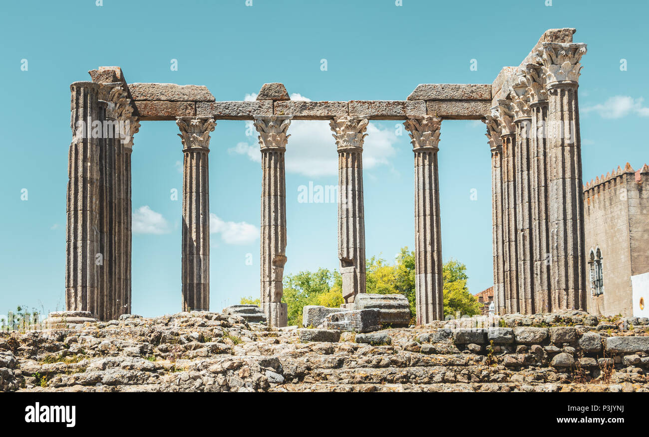 architectural detail of the Roman temple of Evora in Portugal or Temple ...