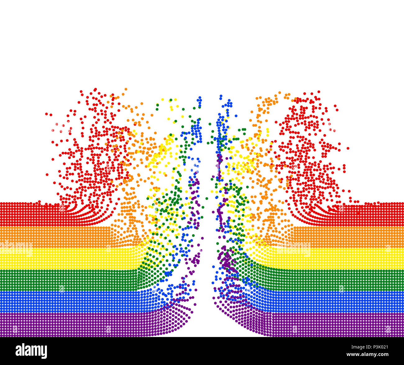 Colorful rainbow stripes of multi-colored flying dots on white ...