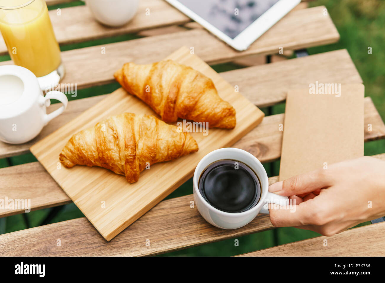 Morning Breakfast In Green Garden With French Croissant, Coffee Cup, Orange Juice, Tablet and ...