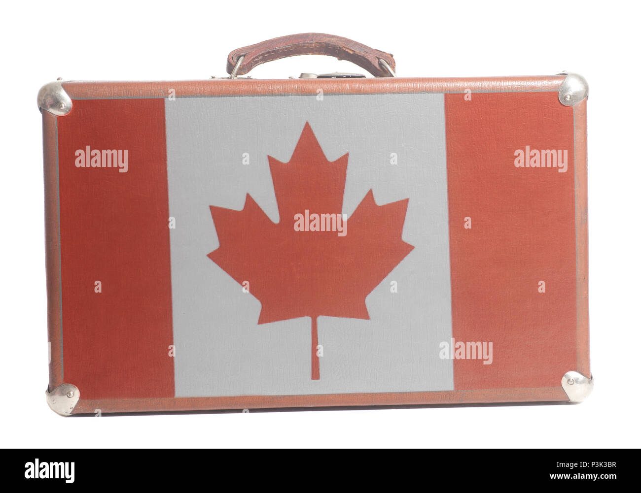Vintage travel suitcase with Canada flag isolated on a white background ...