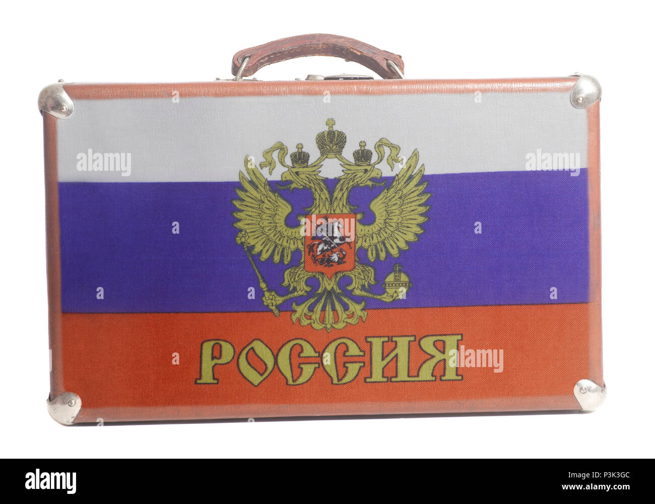 Vintage travel suitcase with Flag of the Russian Federation isolated on ...
