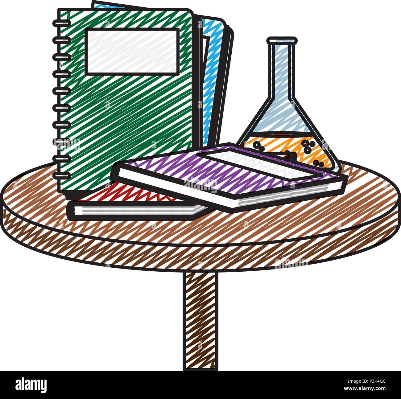 doodle notebooks with books and erlenmeyer flask in the table Stock ...