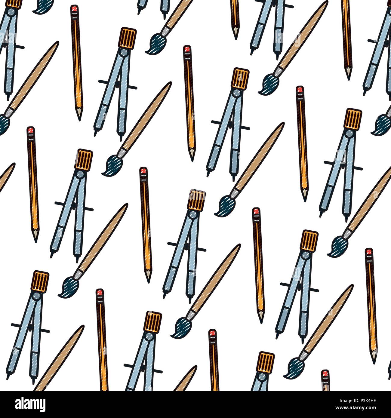 doodle compass utensil with paintbrush and pencil background Stock ...