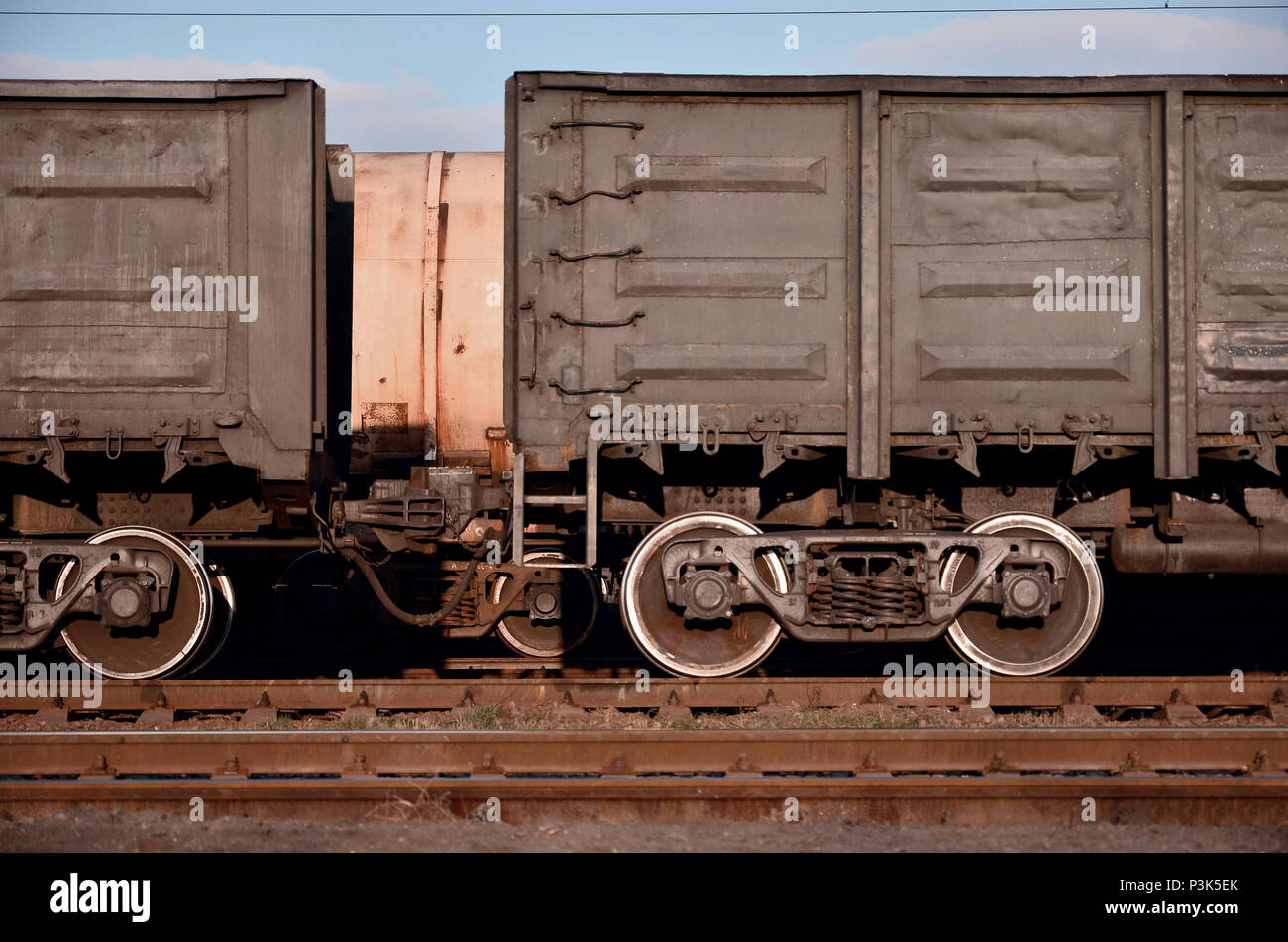 Detailed photo of railway freight car. A fragment of the component ...