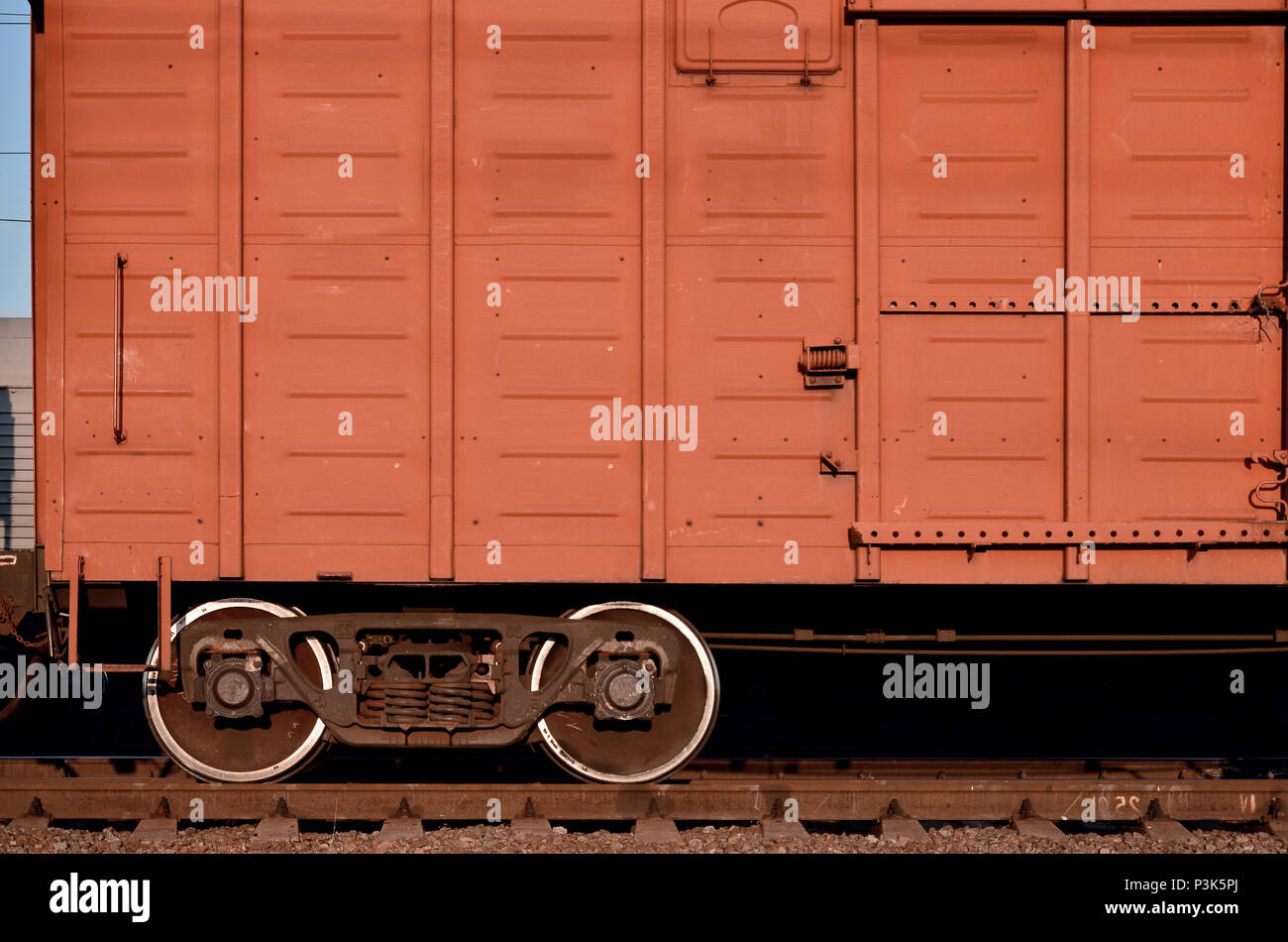 Detailed photo of railway freight car. A fragment of the component ...