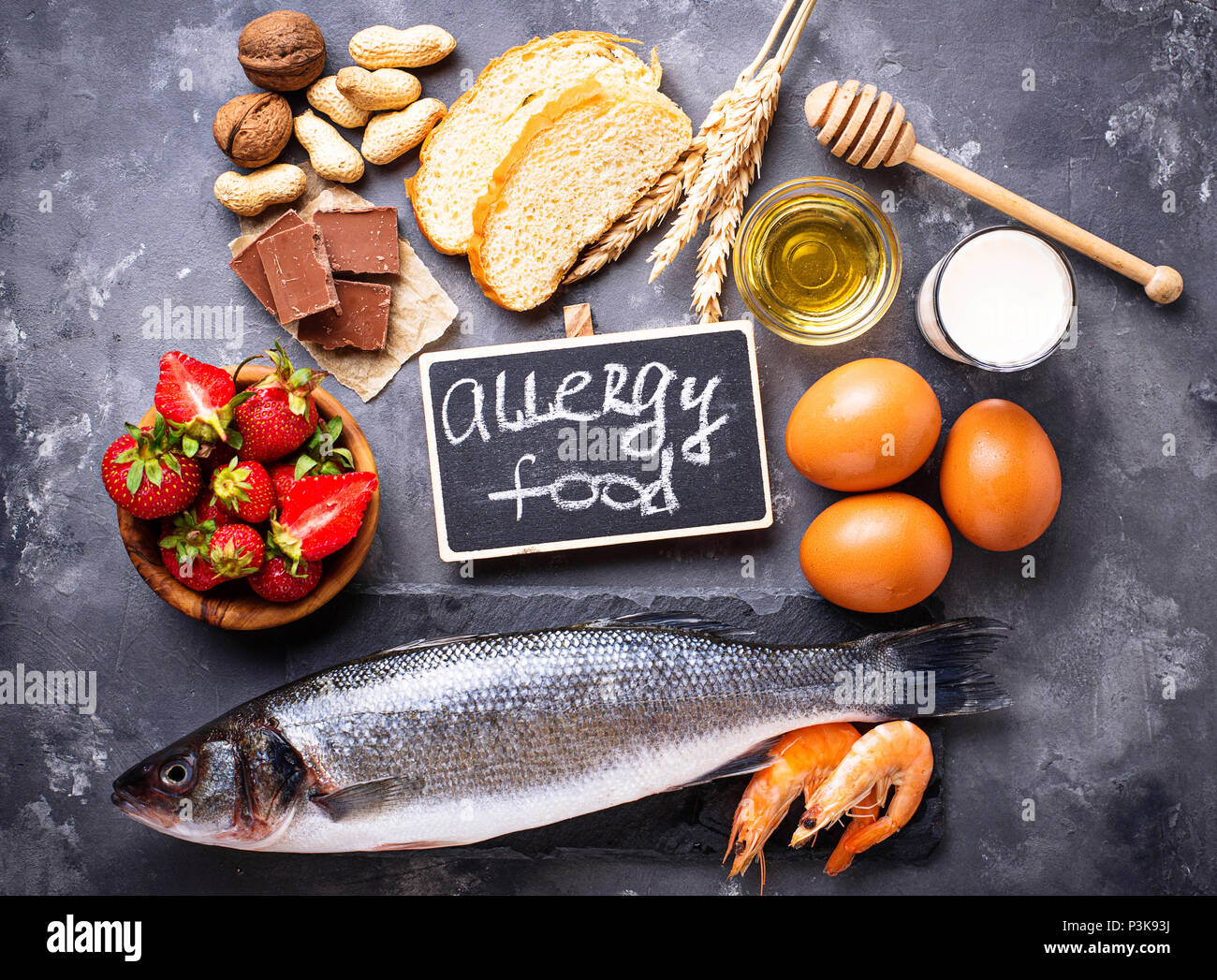 Allergy food concept. Assorted of allergic products Stock Photo - Alamy