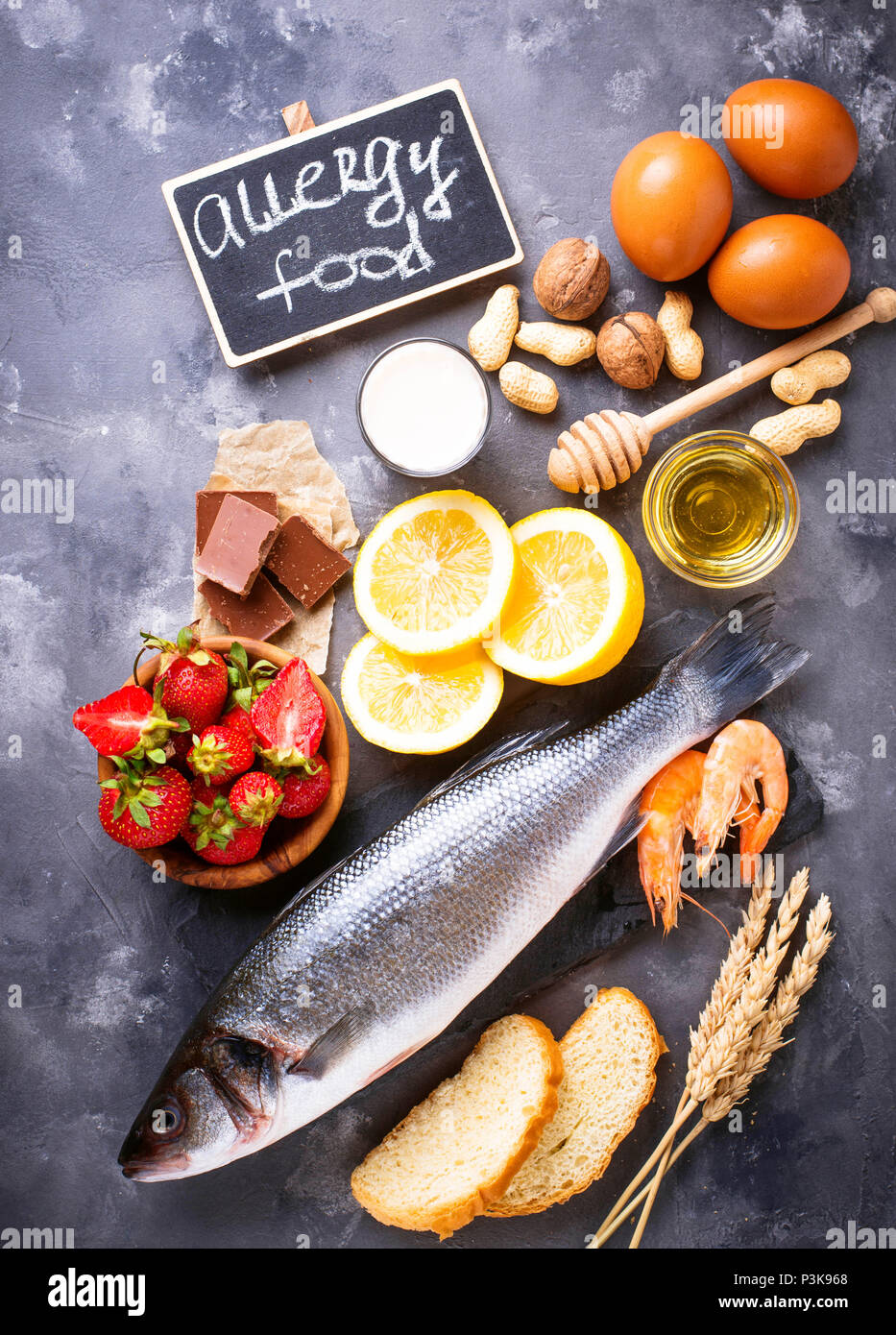 Allergy food concept. Assorted of allergic products Stock Photo - Alamy