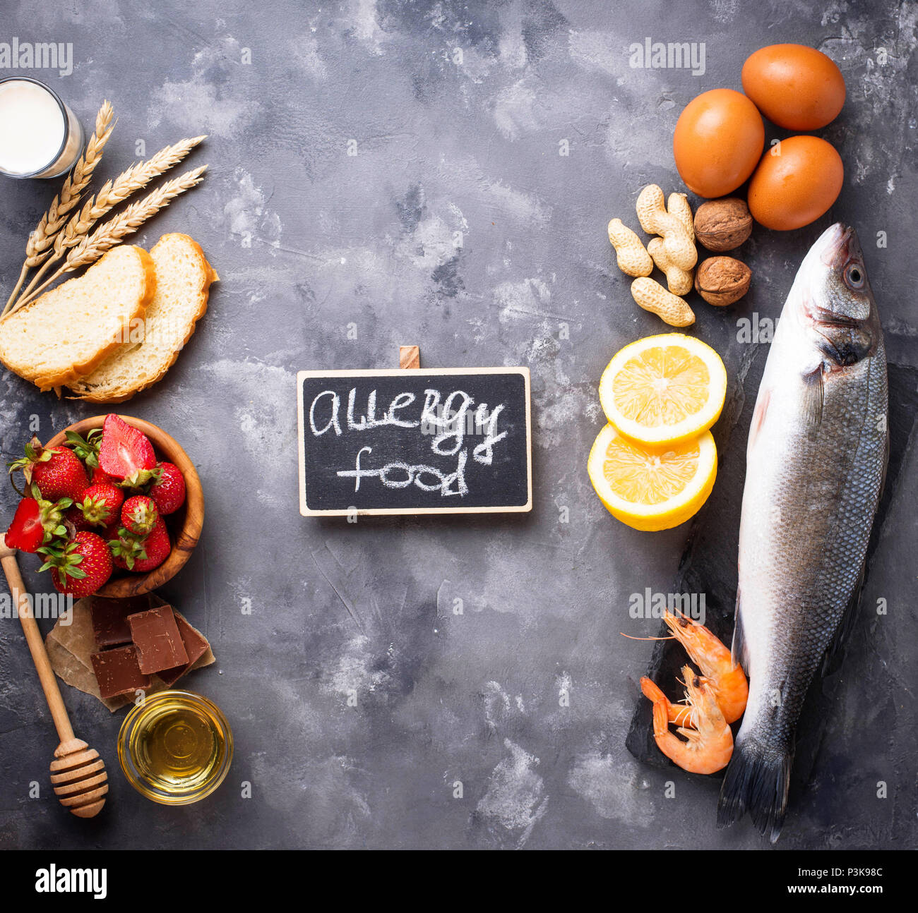 Allergy food concept. Assorted of allergic products Stock Photo - Alamy