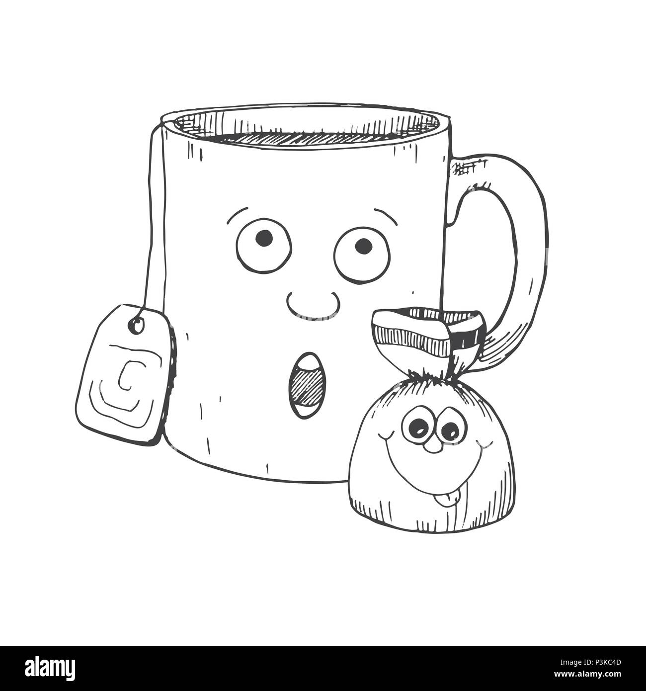 Hand drawn mug and candy. Mug with a face. Vector illustration in ...