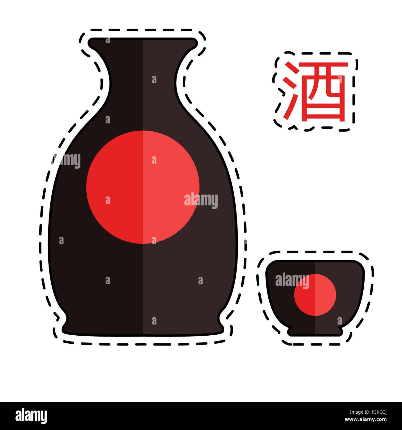 Sticker of bottle of sake, small cup of sake isolated on white ...