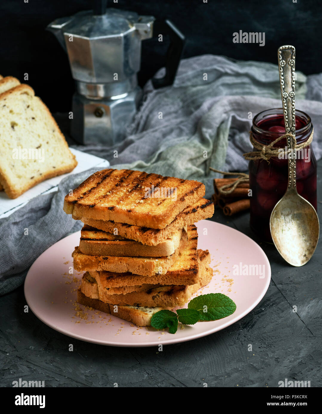 fried French toast on a ceramic pink plate, close up Stock Photo - Alamy