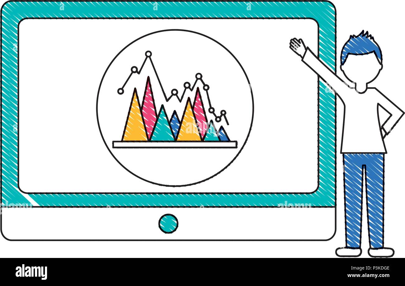 businessman pointing laptop with statistics diagram vector illustration ...