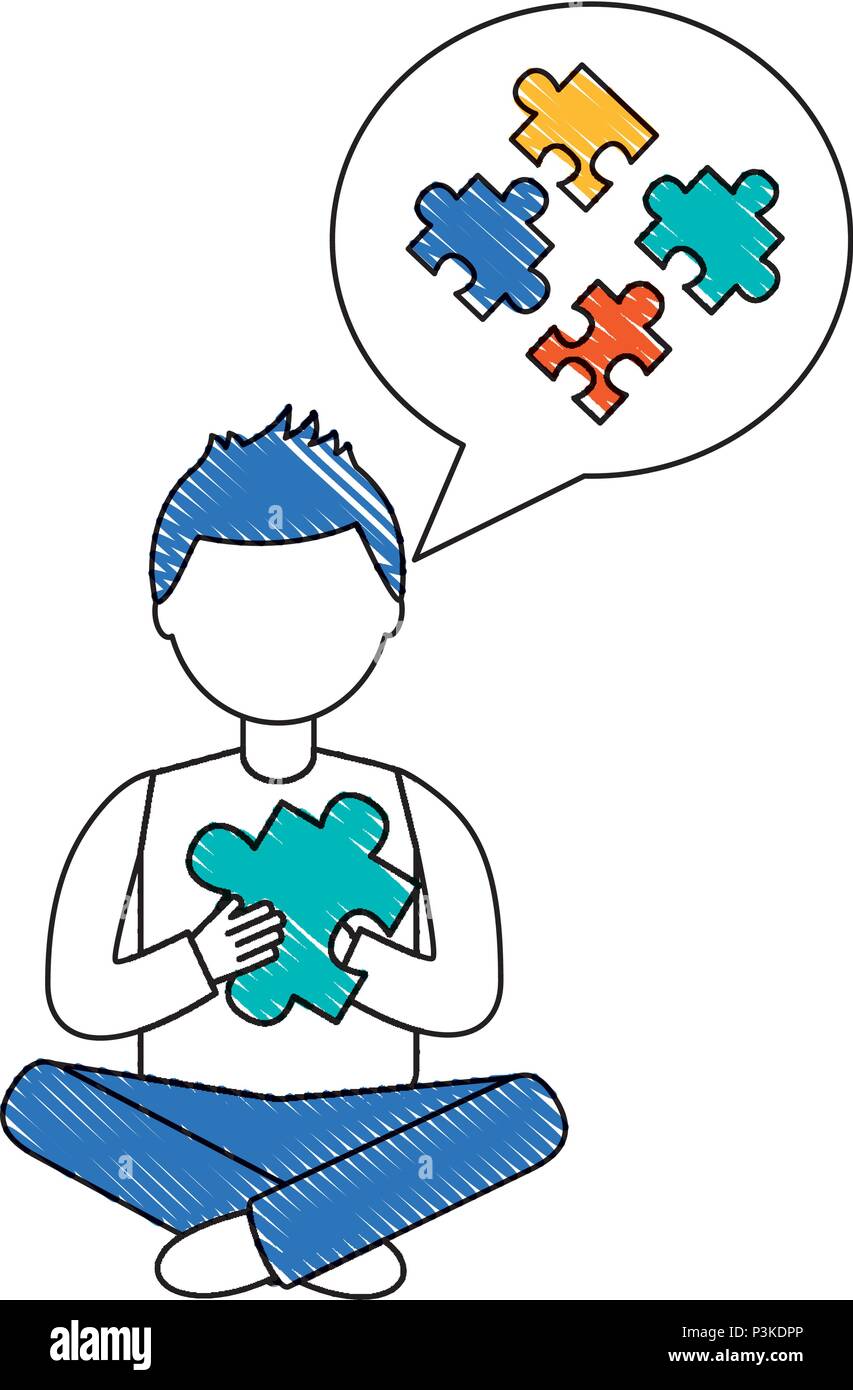 man sitting with puzzle piece thinking strategy vector illustration ...