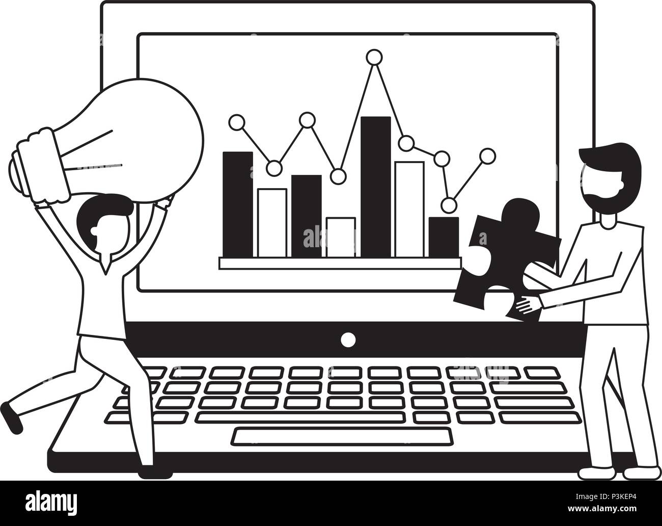 laptop computer with young men and statistical graphics vector ...