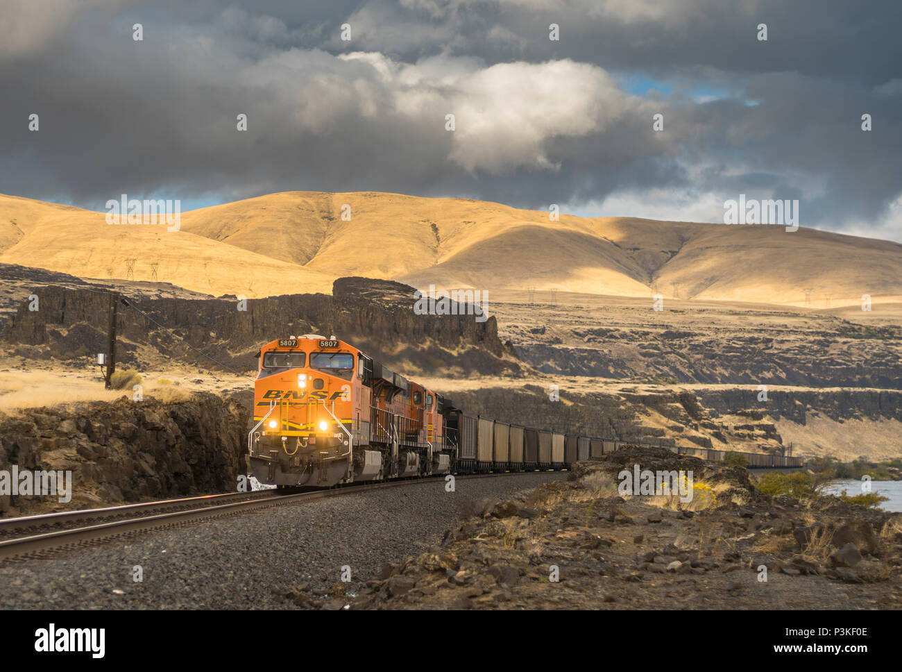 Coal train passing through Columbia River Gorge, The Dalles, Oregon ...