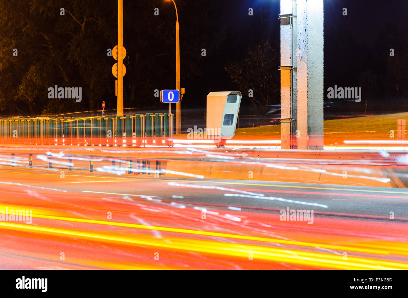 Stationary Car Speed Radar Near a Highway Road. Night Road Traffic ...