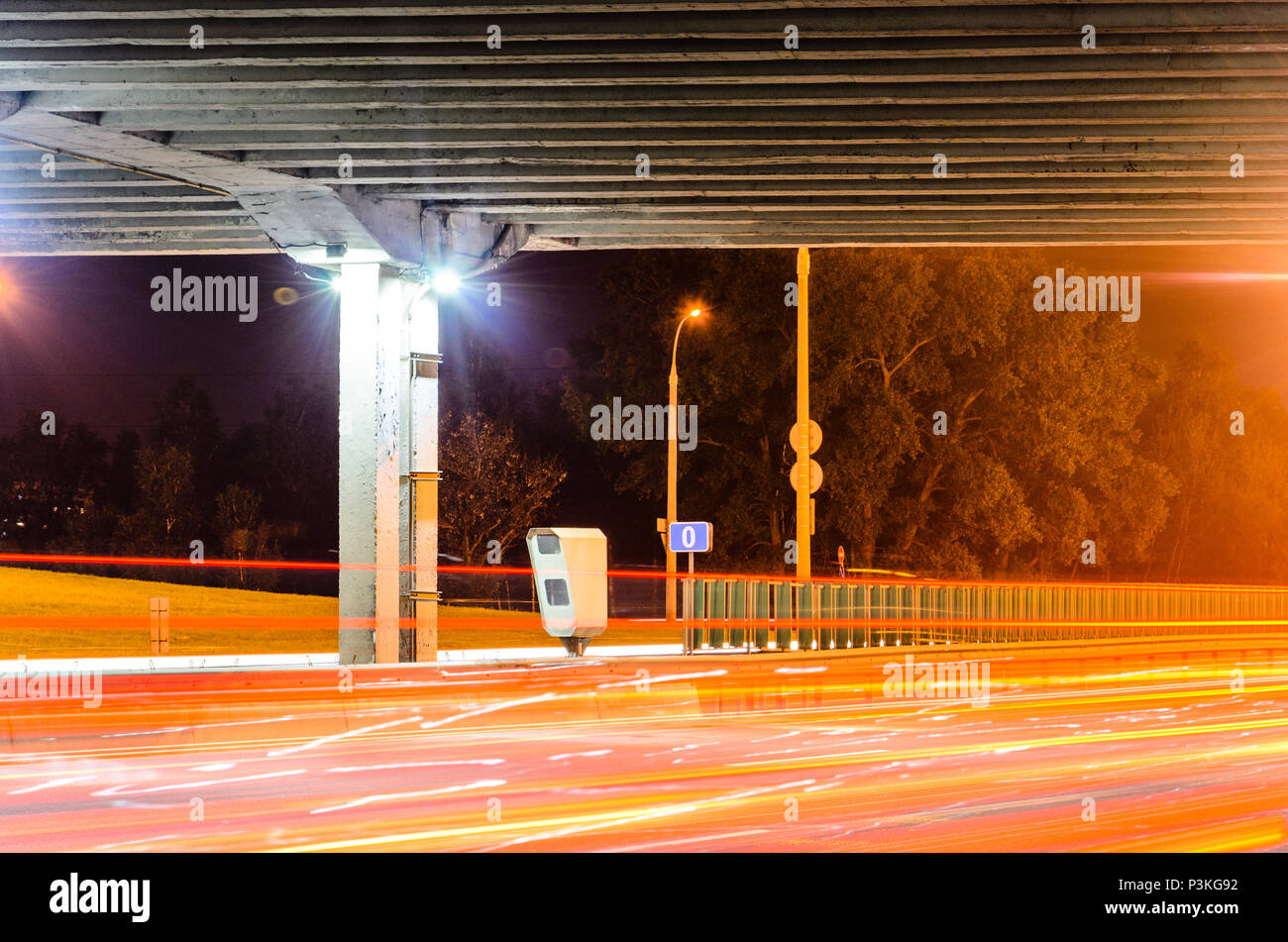 Stationary Car Speed Radar Near a Highway Road. Night Road Traffic ...