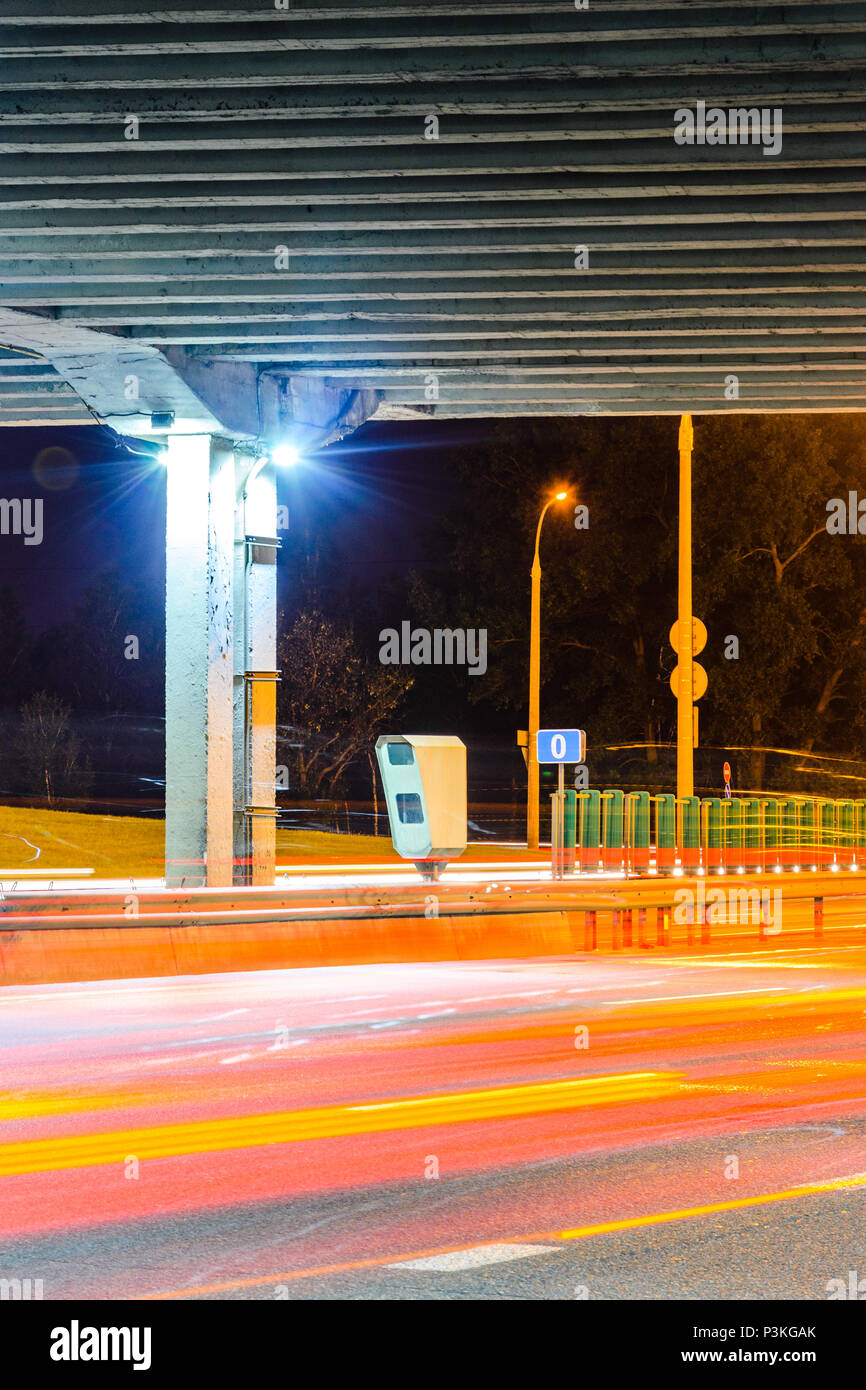 Stationary Car Speed Radar Near a Highway Road. Night Road Traffic ...
