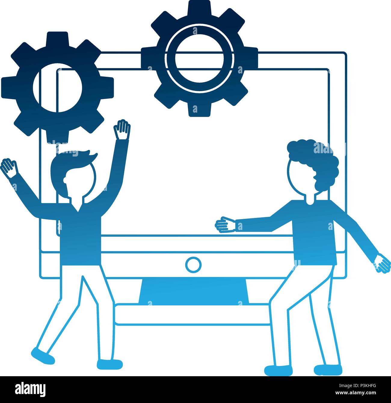 businessmen and computer gears teamwork vector illustration neon blue ...