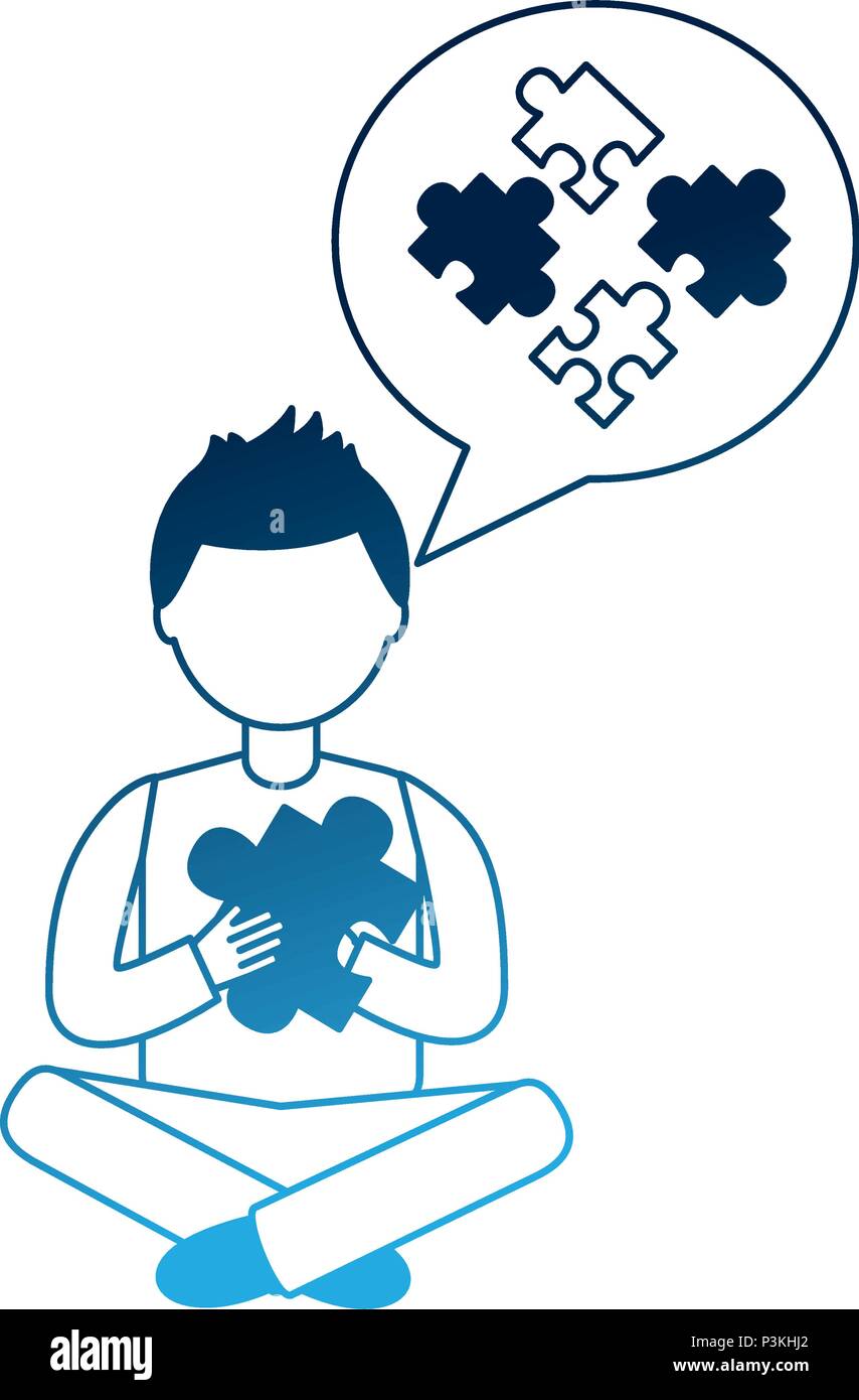 man sitting with puzzle piece thinking strategy vector illustration ...