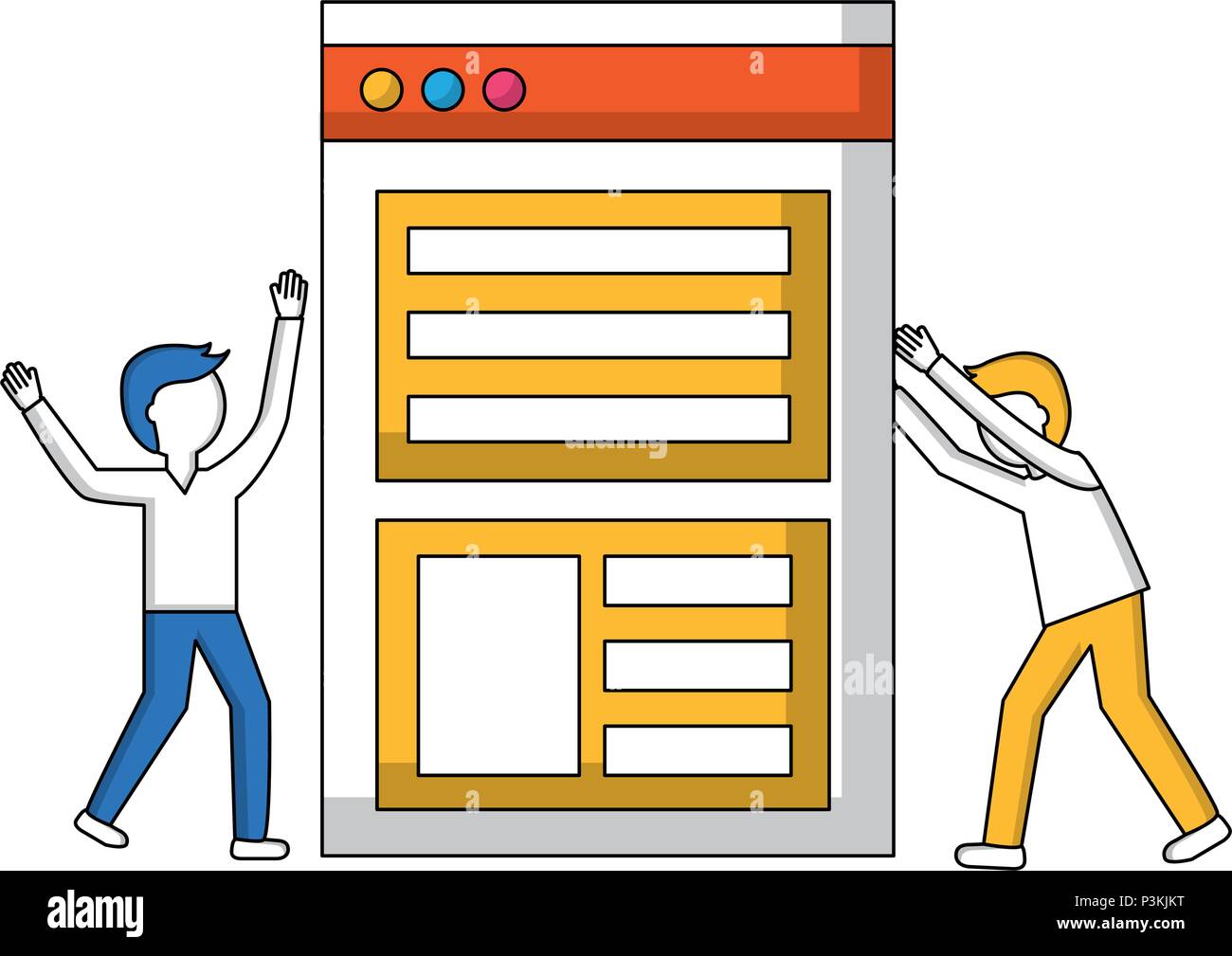 young men with web page template isolated icon vector illustration ...