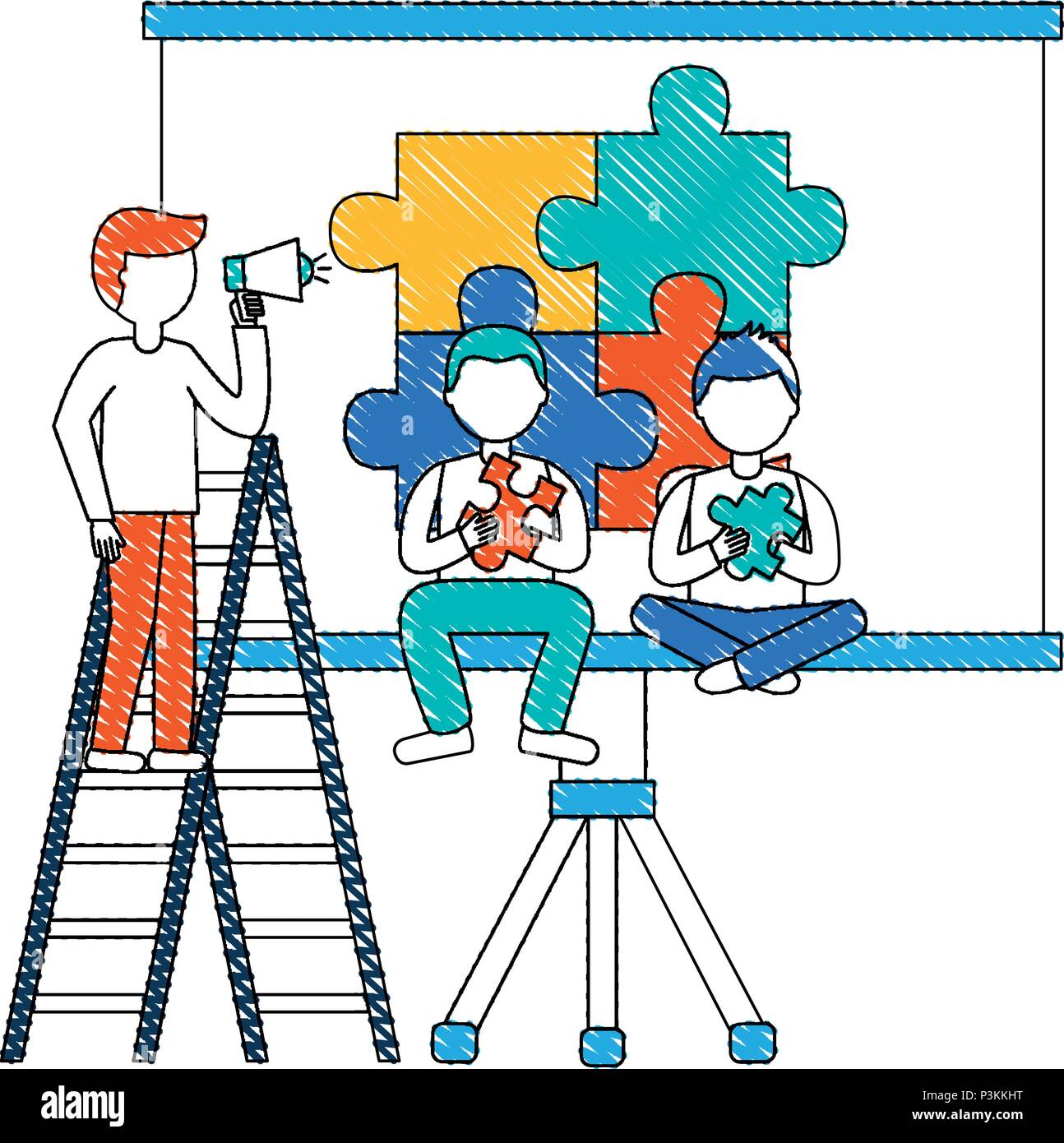 young men with paperboard training and puzzle pieces vector ...