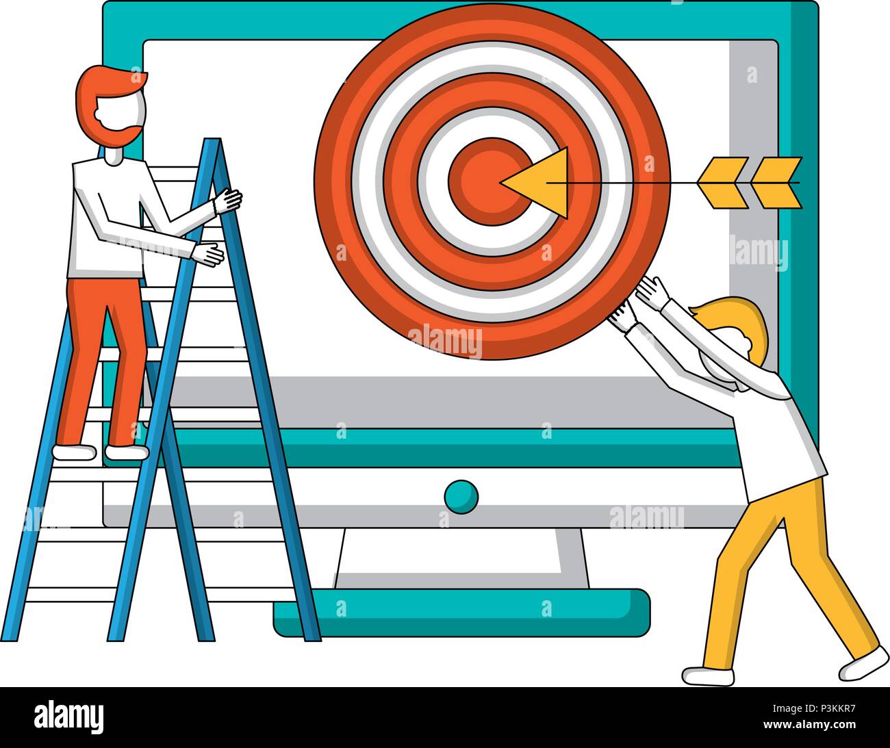 young men with monitor computer and target arrow success vector ...
