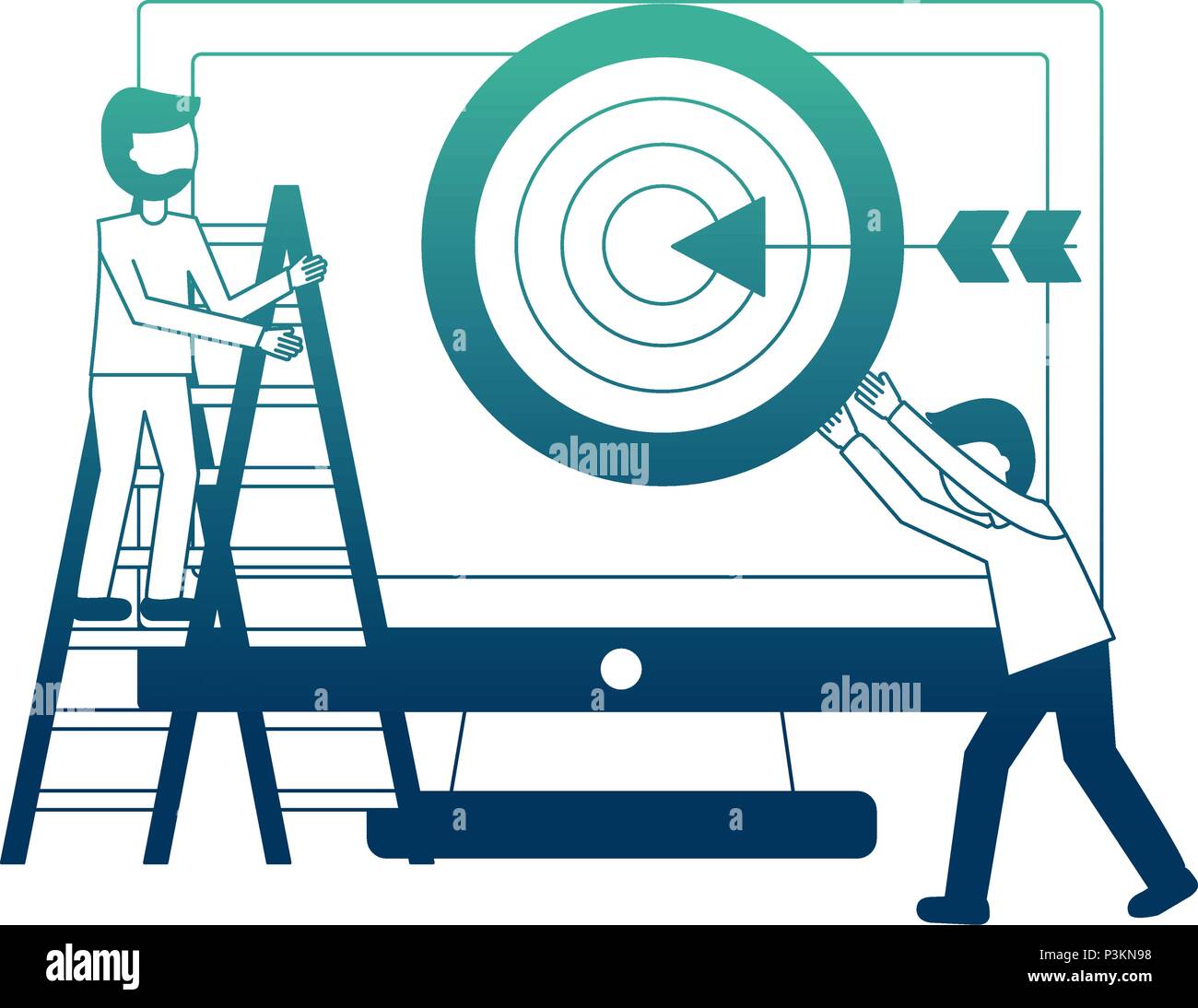businesspeople work teamwork computer target vector illustration neon ...