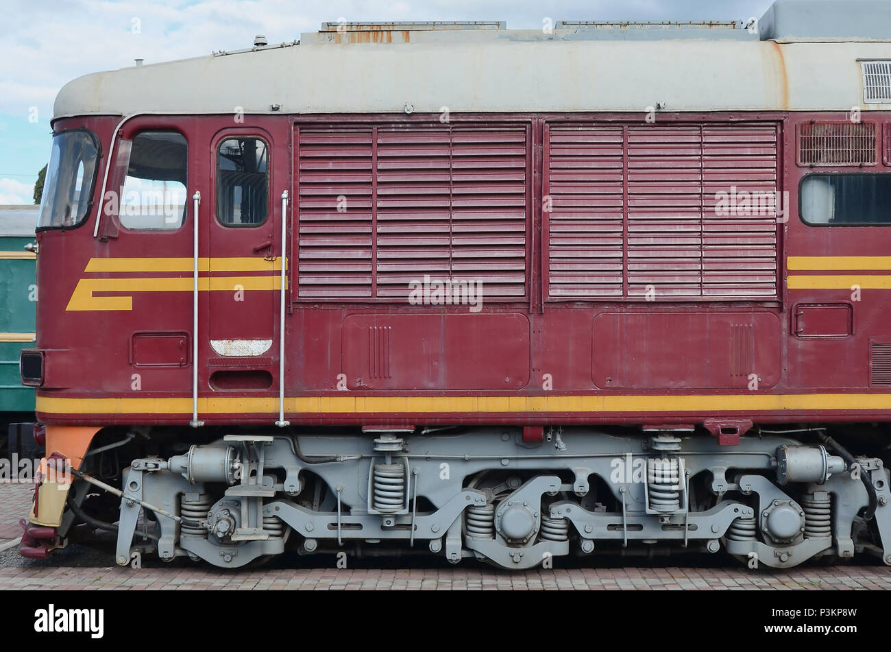 Cabin of modern Russian electric train. Side view of the head of ...