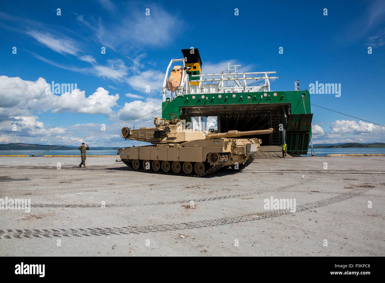 An M1 Abrams tank is staged at a Norwegian port following the ...