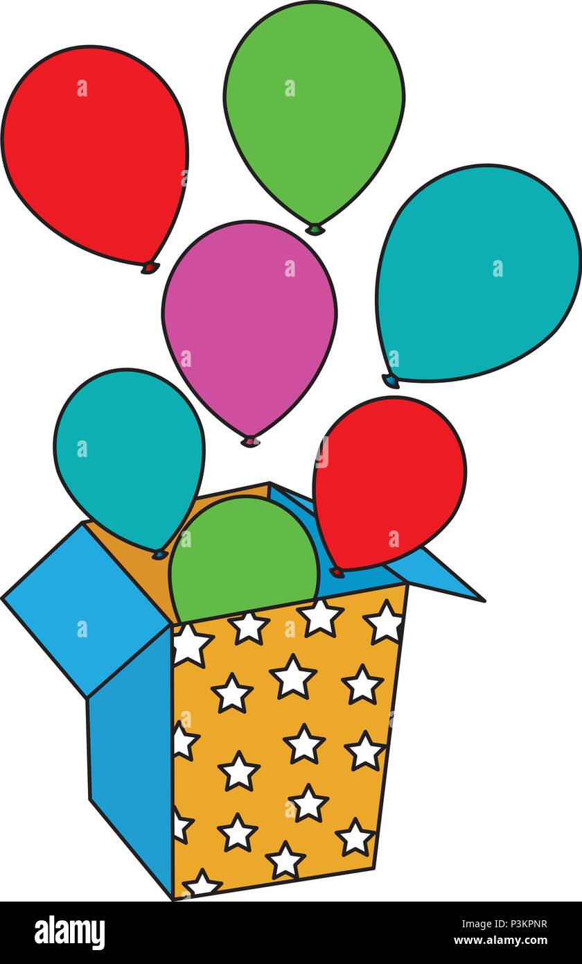 colored balloons coming out of the box party vector illustration Stock ...