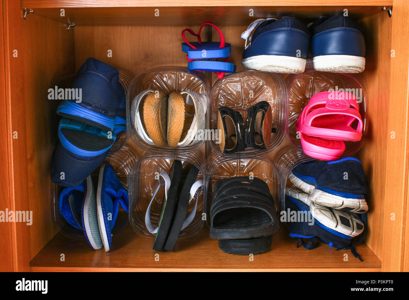 Shoe storage in the closet. Secondary use of plastic bottles. Saving ...