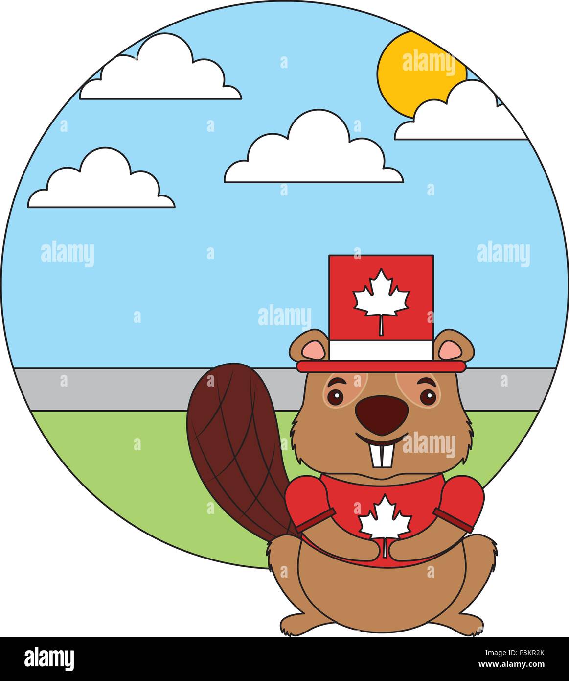 beaver cartoon with canadian hat in landscape vector illustration Stock ...
