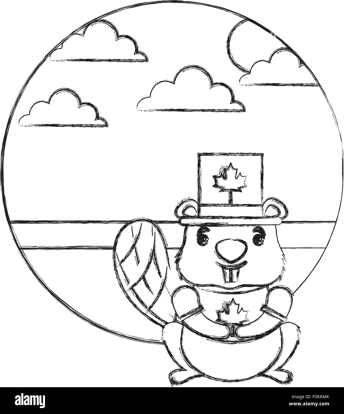beaver cartoon with canadian hat in landscape vector illustration Stock ...