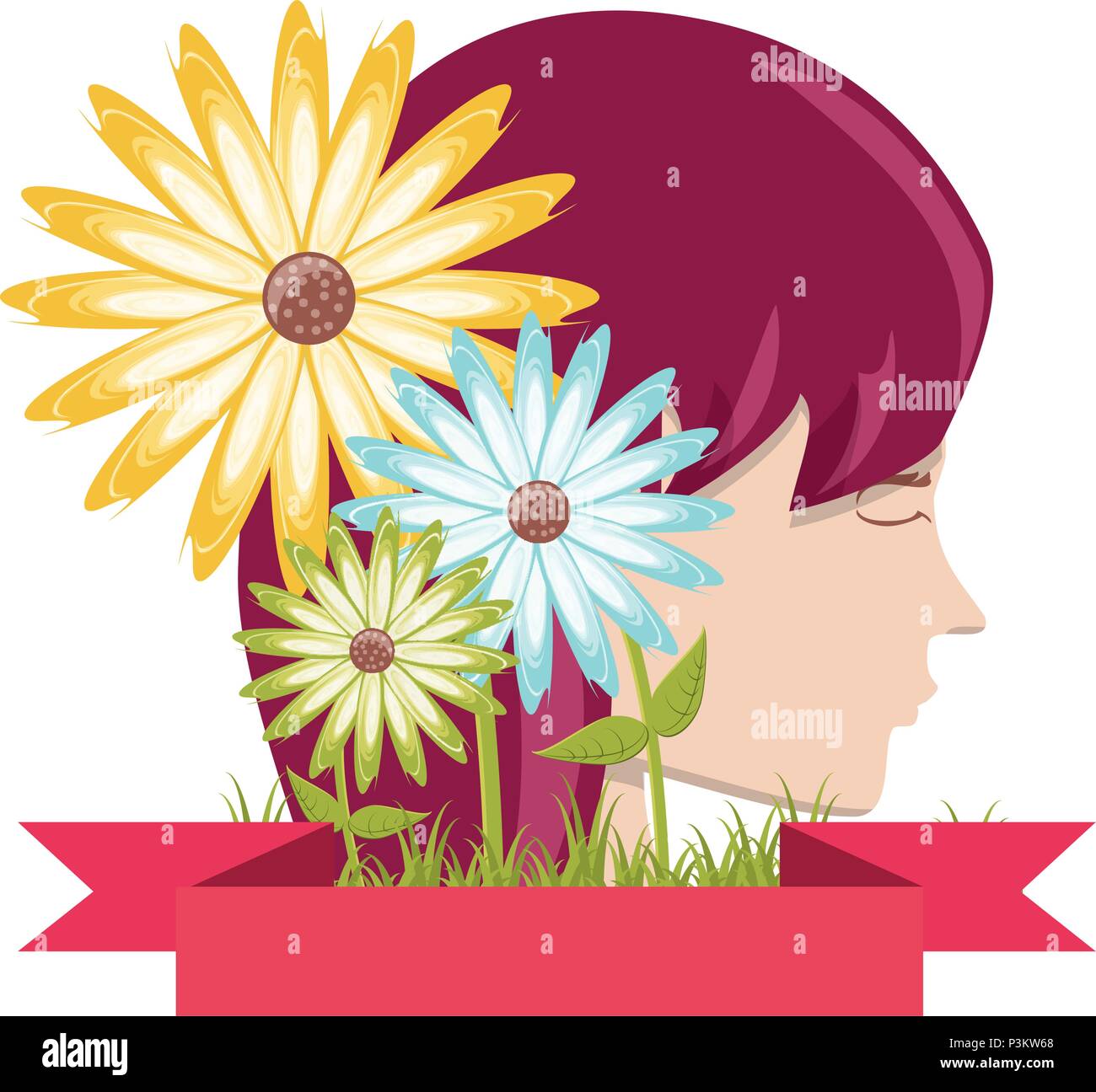 emblem with decorative flowers and profile of a woman over white ...