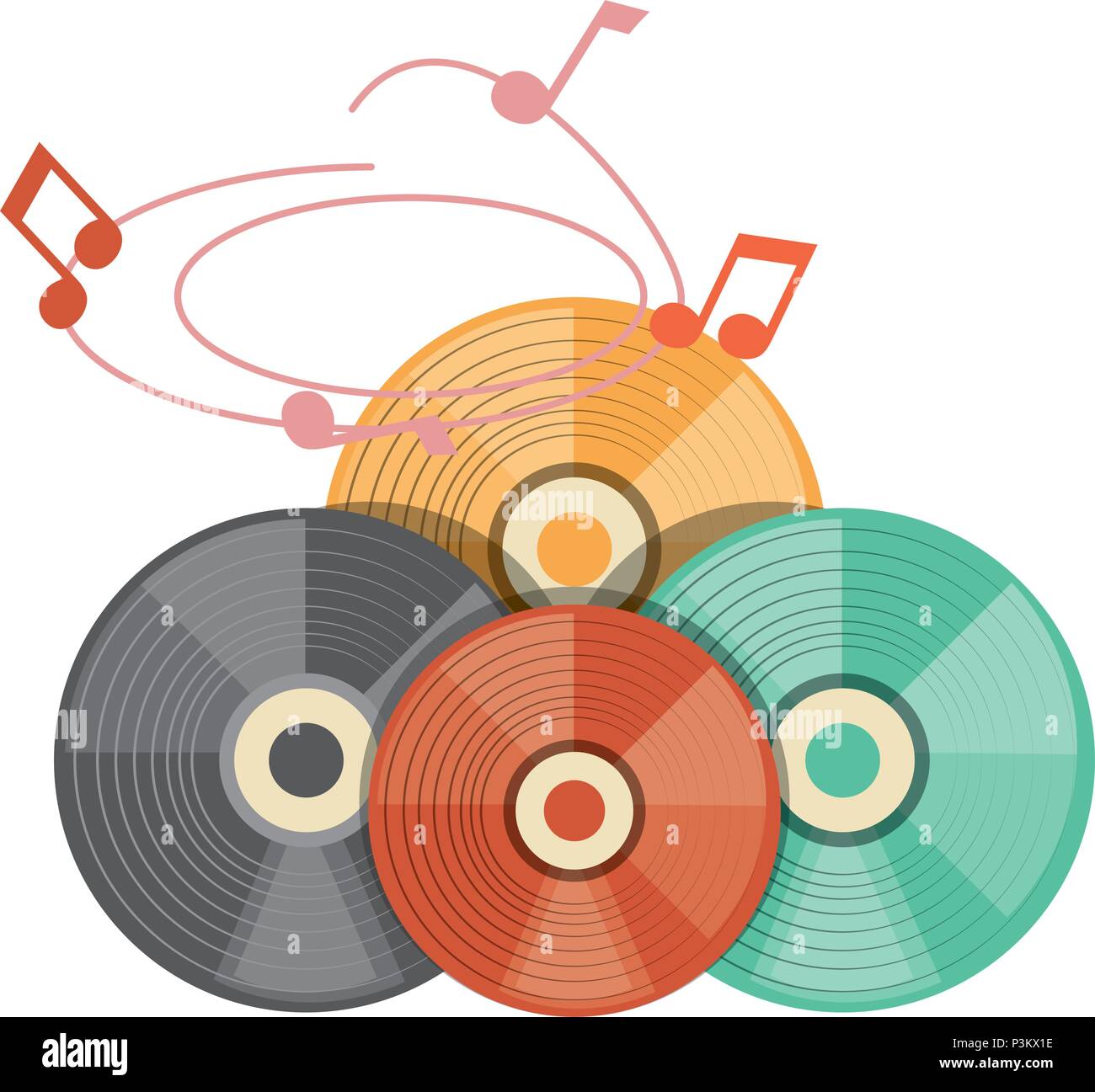 vintage vinyls and musical notes over white background, colorful design ...