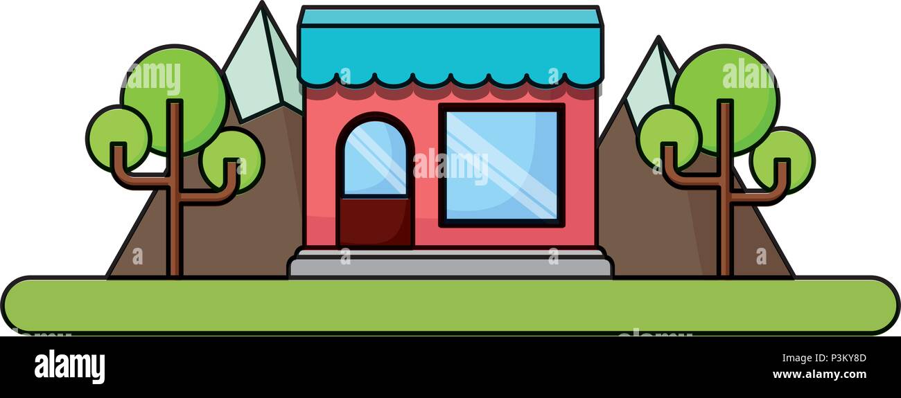 trees and stores over white background, colorful design. vector ...