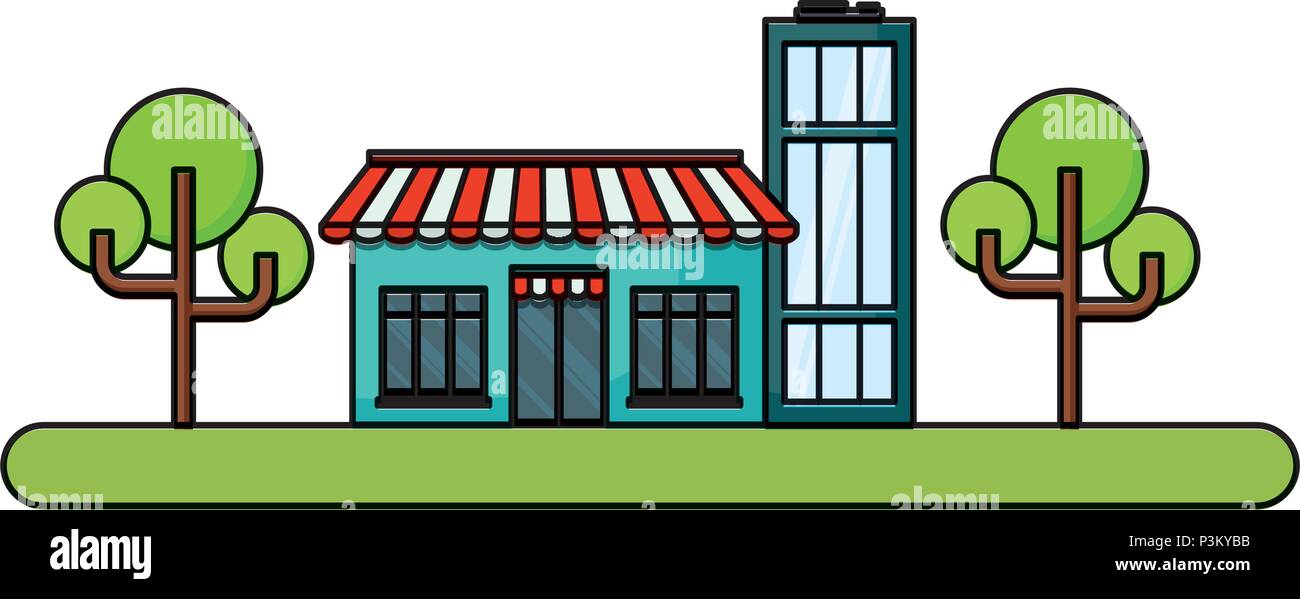 store and trees over white background, colorful design. vector ...
