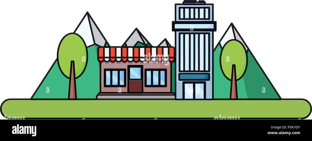 trees and stores over white background, colorful design. vector ...