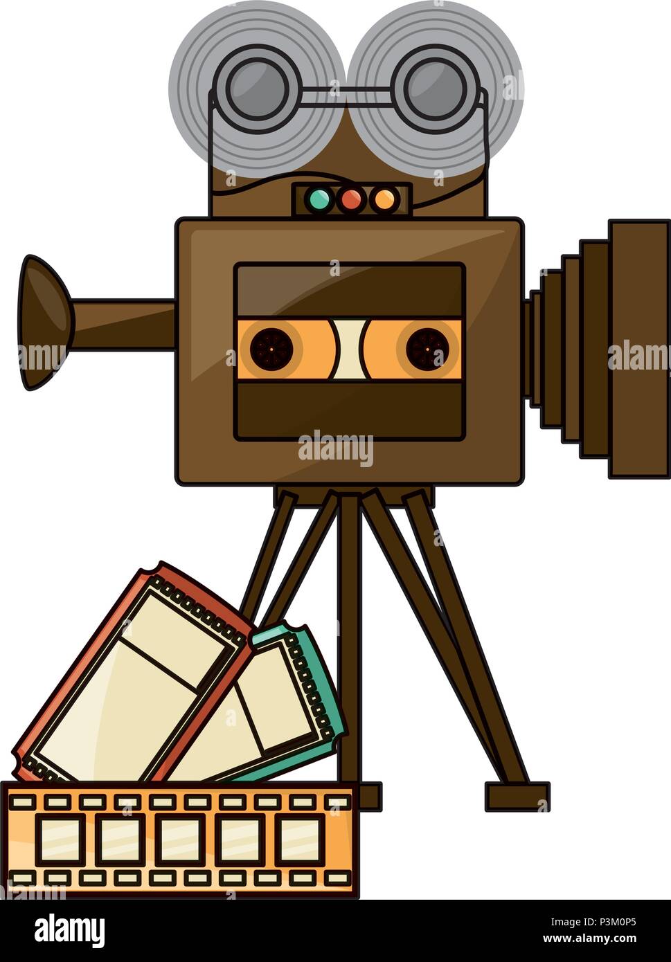 retro video camera and films over white background, colorful design ...