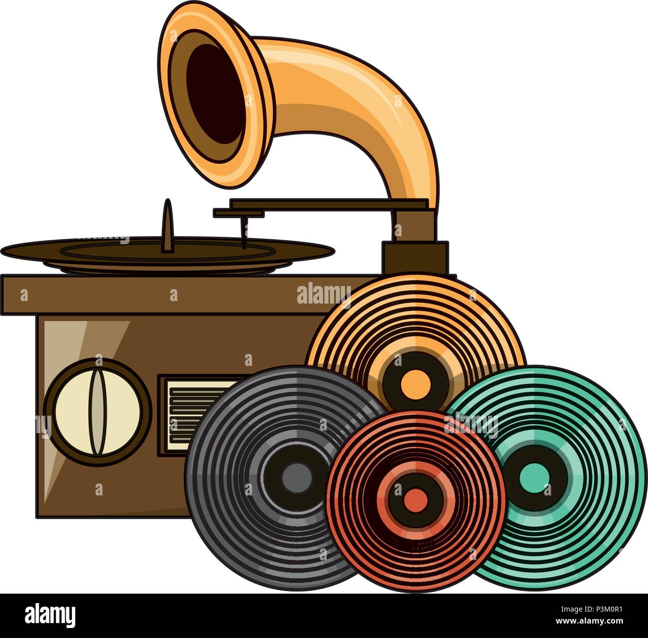 gramophone and vinyls over white background, colorful design. vector ...